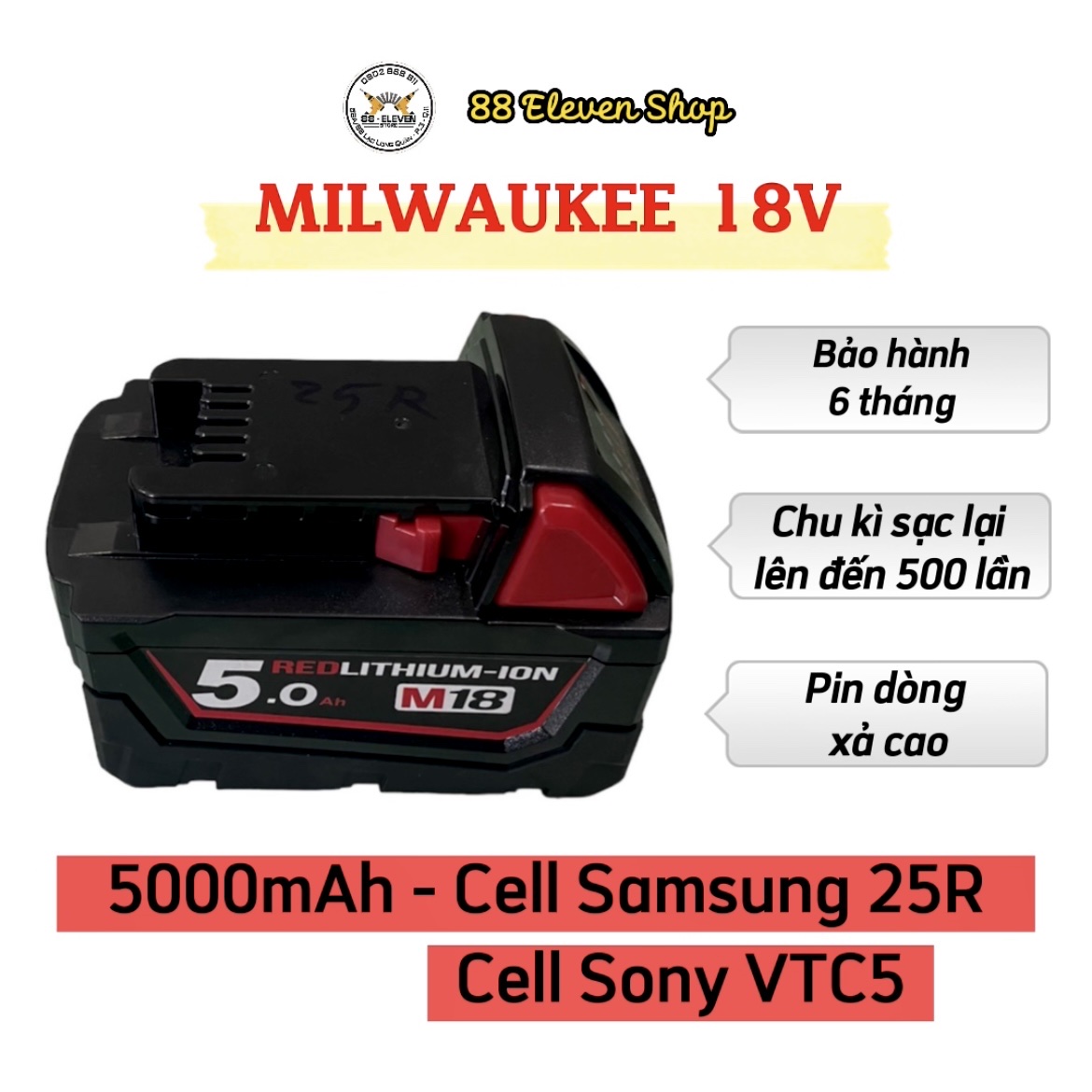 Pin Milwaukee 18V dung lượng 5000mAh dùng cho máy khoan, vít, mài ...