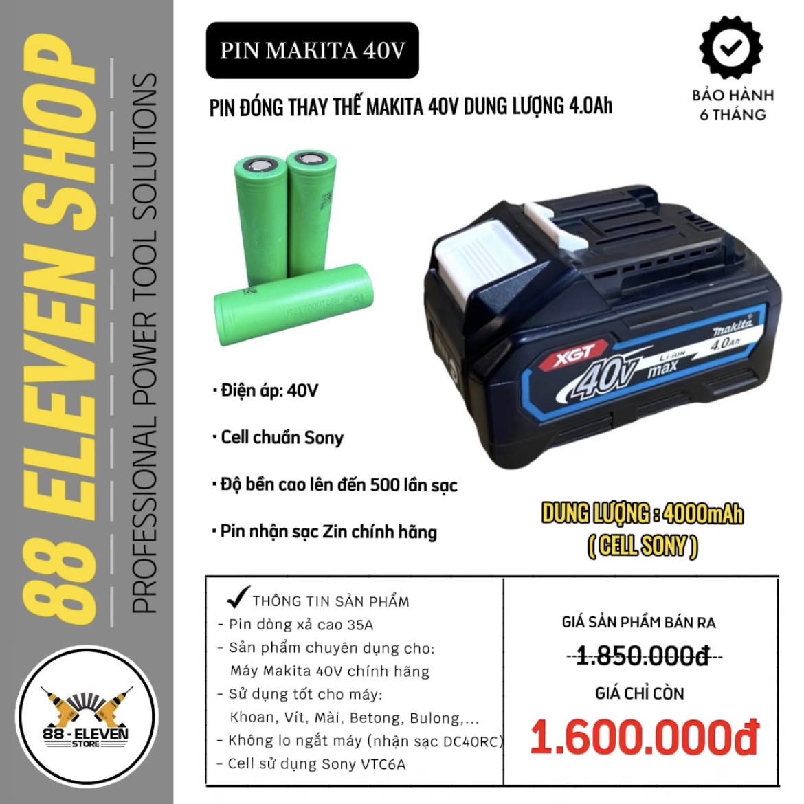 Pin Đóng Makita 40V Max Dung Lượng 4000mAh Nhận Sạc Zin - 88 Eleven Shop
